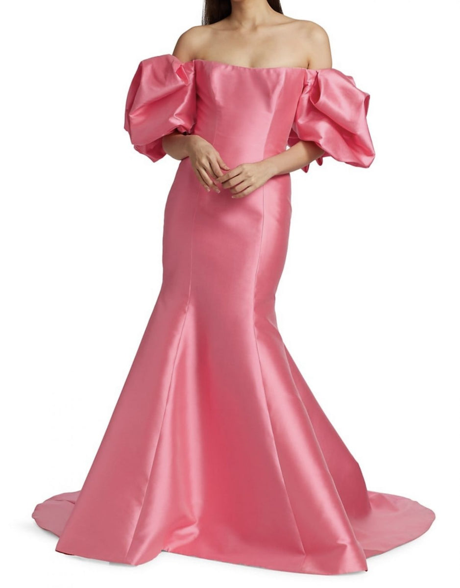Monique Lhuillier Mermaid Puff-Sleeve Mikado Gown – Nearly Newlywed